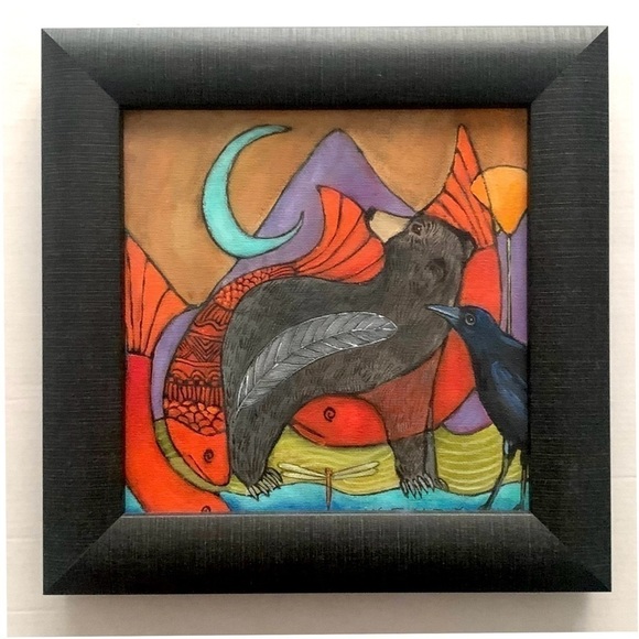 Handpainted | Art | Bear Crow Koi Fish Crescent Moon Gallery Canvas ...